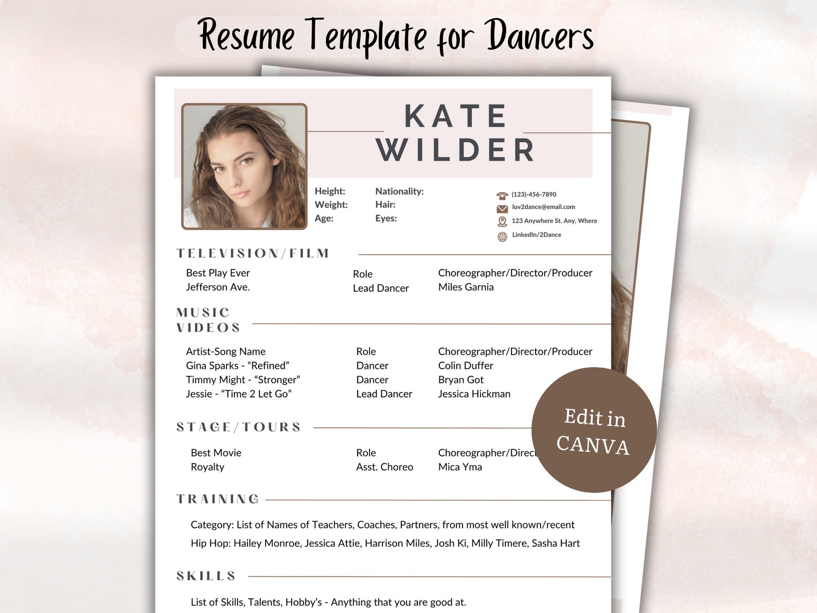 Professional Dancer Resume Template for Auditions Talent Agency ...