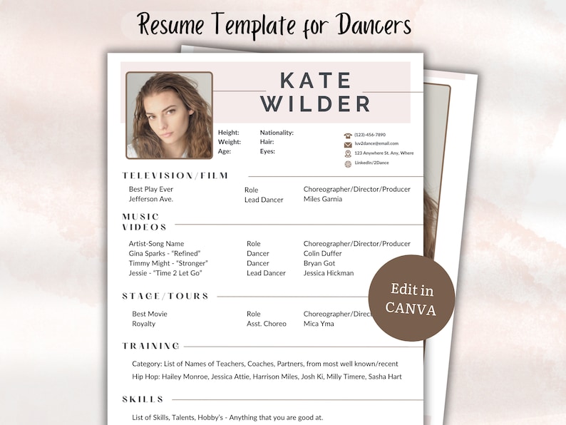 Professional Dancer Resume Template for Auditions Talent Agency ...