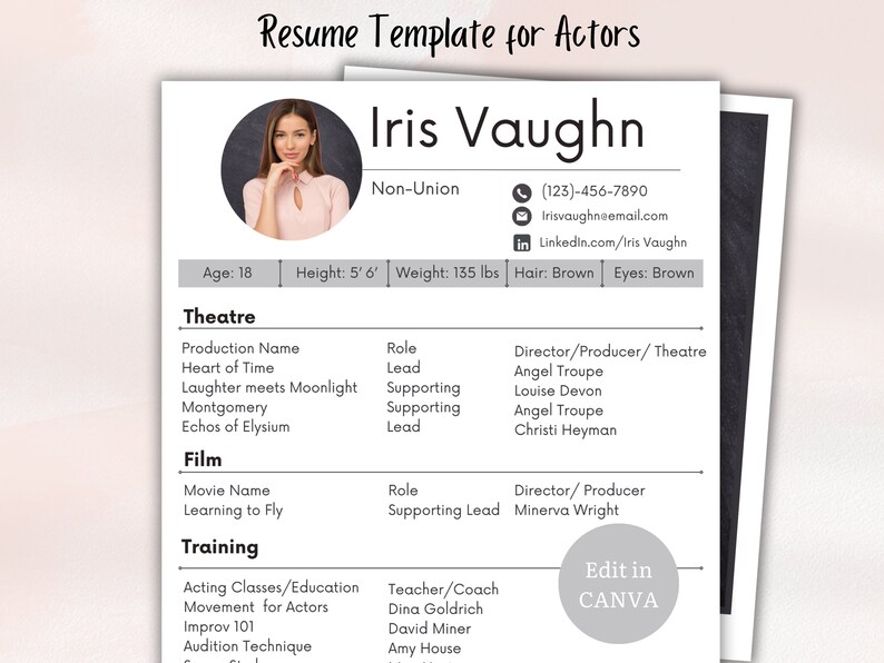 Resume Template for New Actors Auditions Editable in Canva CV ...