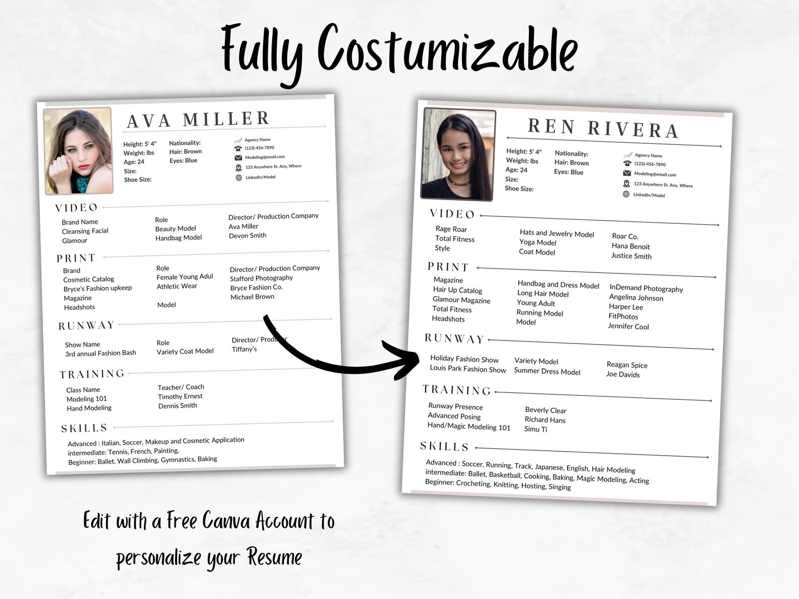 Modeling Resume Template Talent Agency Editable in Canva CV ...