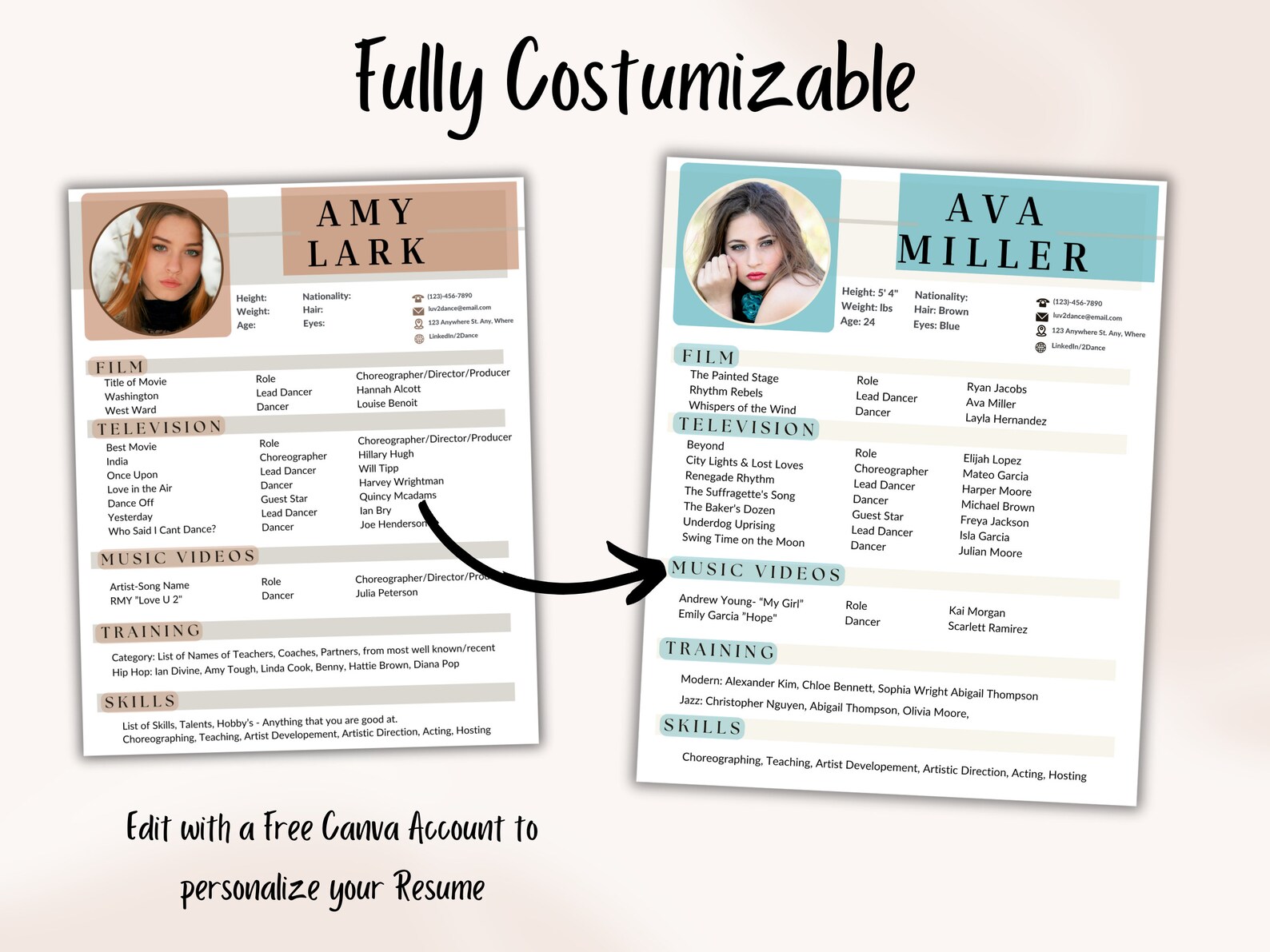 Dancer Resume Template for Auditions Editable in Canva CV Professional ...
