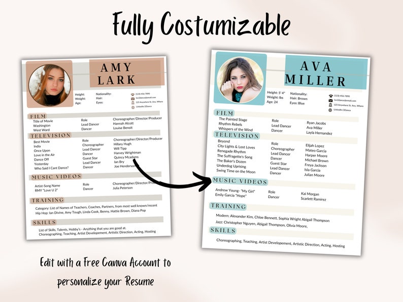 Dancer Resume Template for Auditions Editable in Canva CV Professional ...