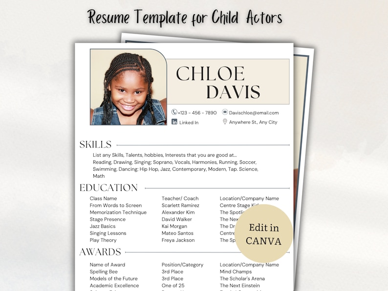 Child Acting Resume Template for Auditions Editable in Canva CV ...