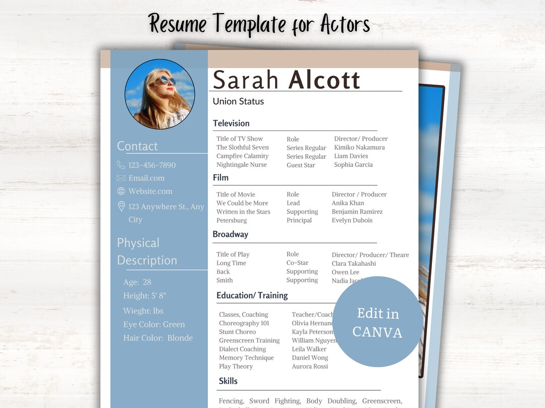 Actors Resume Template for Auditions Talent Agency Editable in Canva CV ...