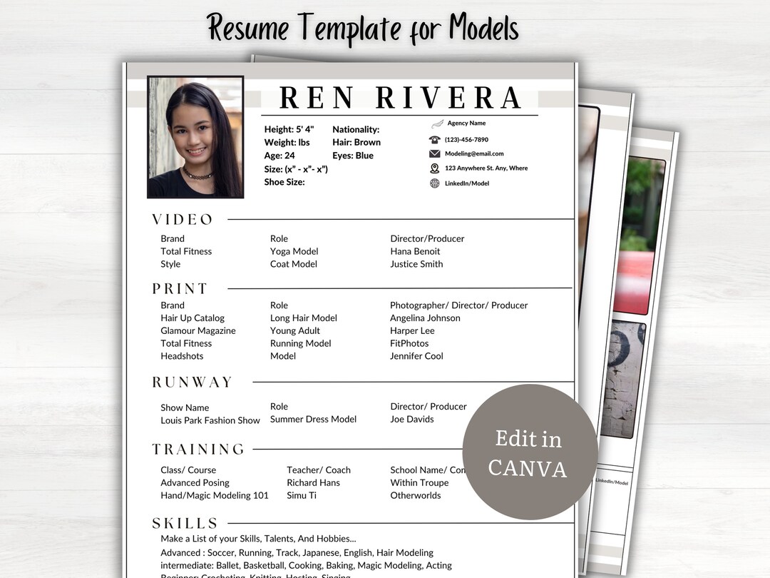 Professional Modeling Resume Template Editable in Canva CV Customizable ...