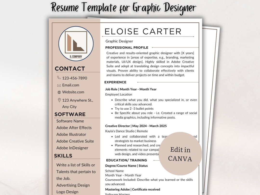 Graphic Designer Resume Template Student Editable Canva CV Professional Digital Design Resume ...