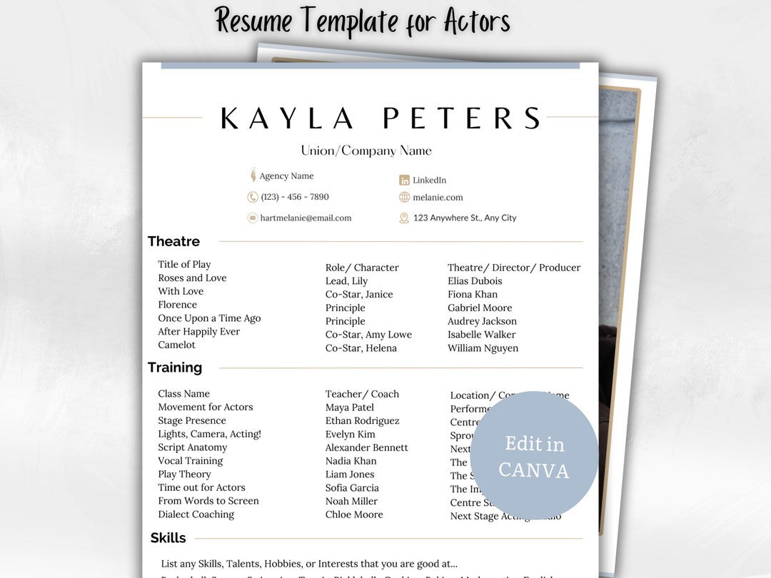 Actors Resume Template Auditions Editable in Canva CV Professional ...