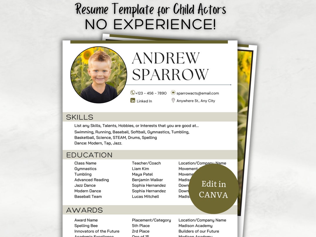 Child Actor Resume Template No Experience Editable Canva CV ...