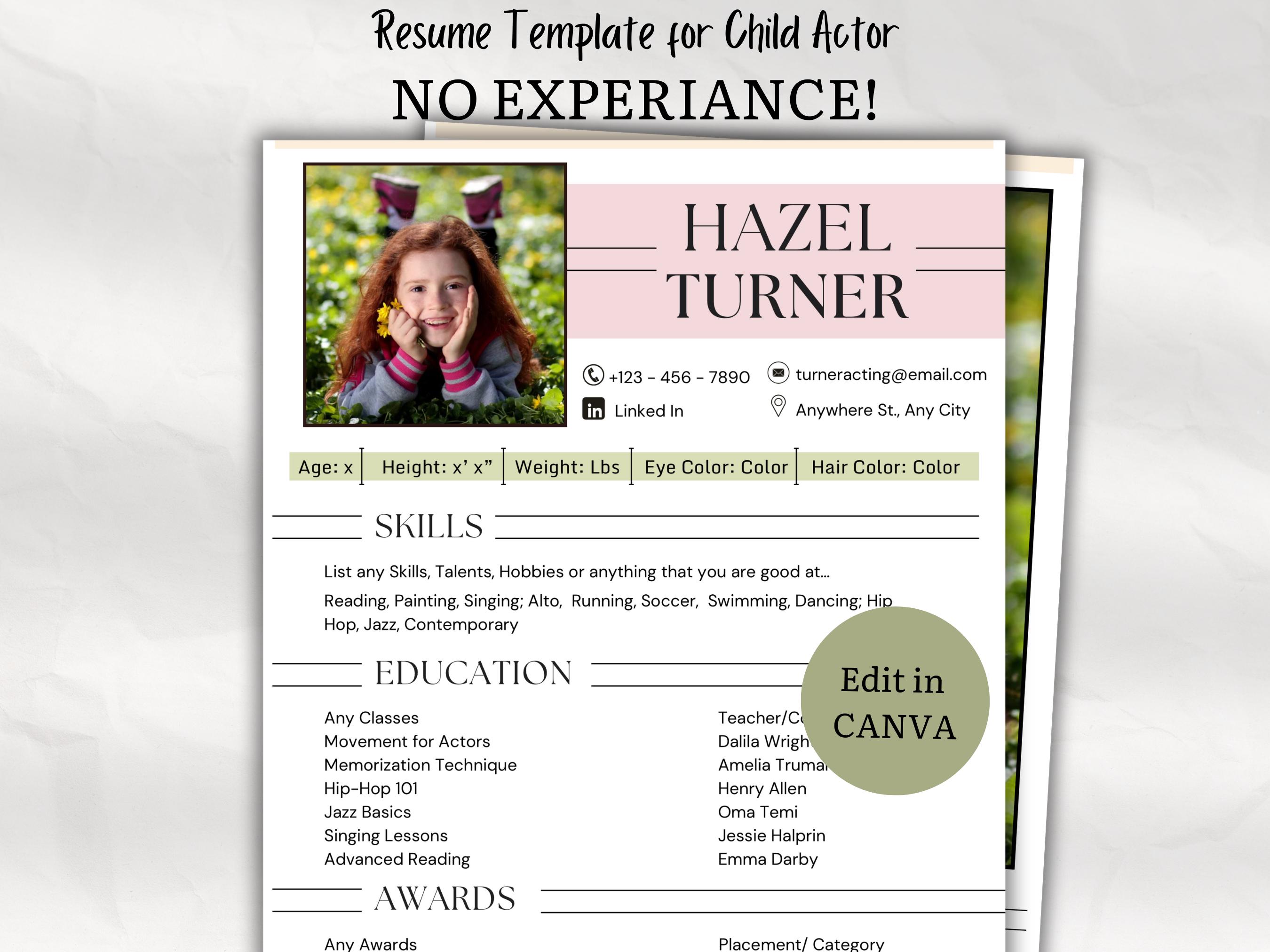 No Experience Child Actor Resume Template Editable Canva CV ...