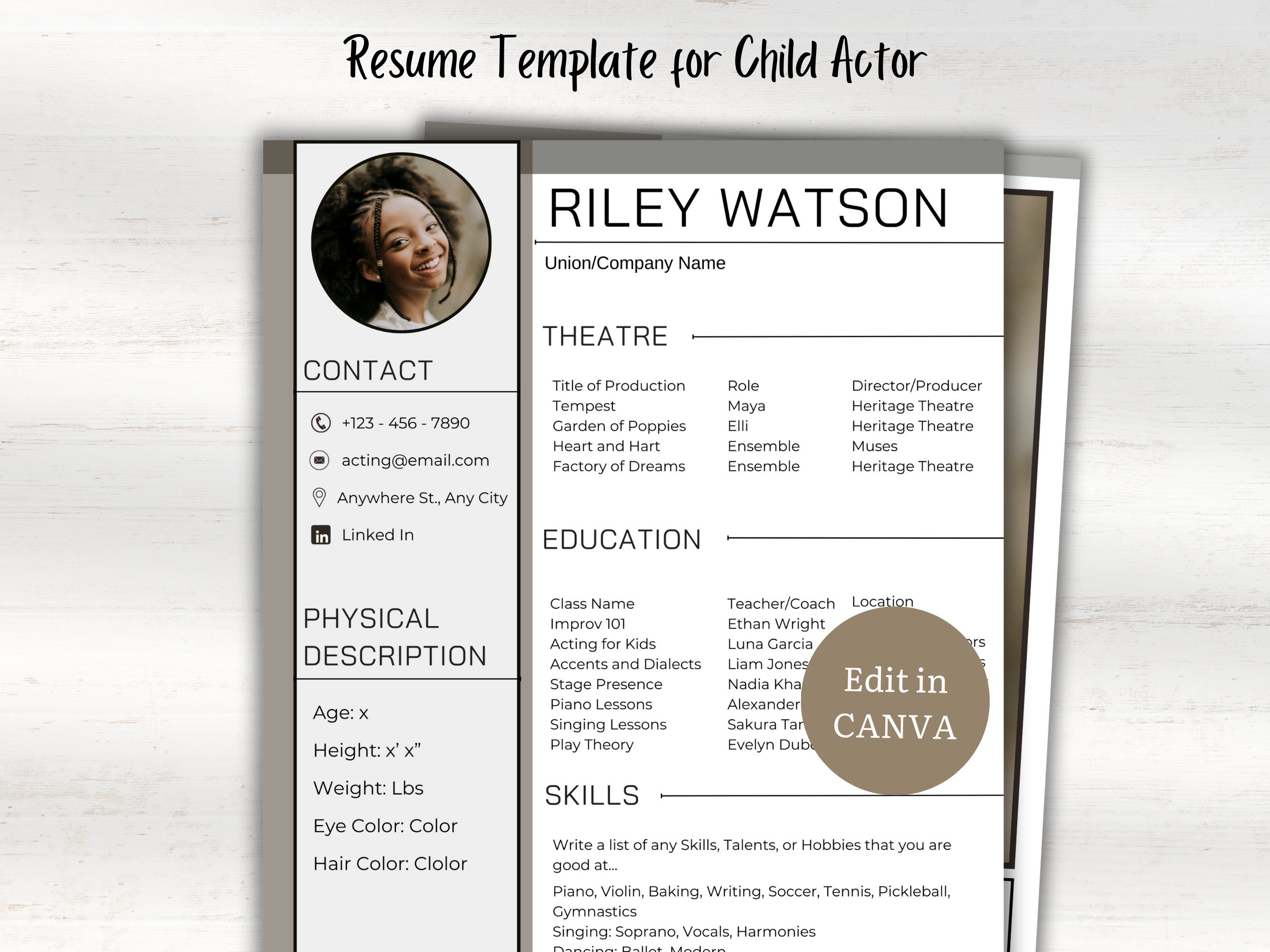 Child Actor Resume Template Freshers Audition Editable Canva CV ...