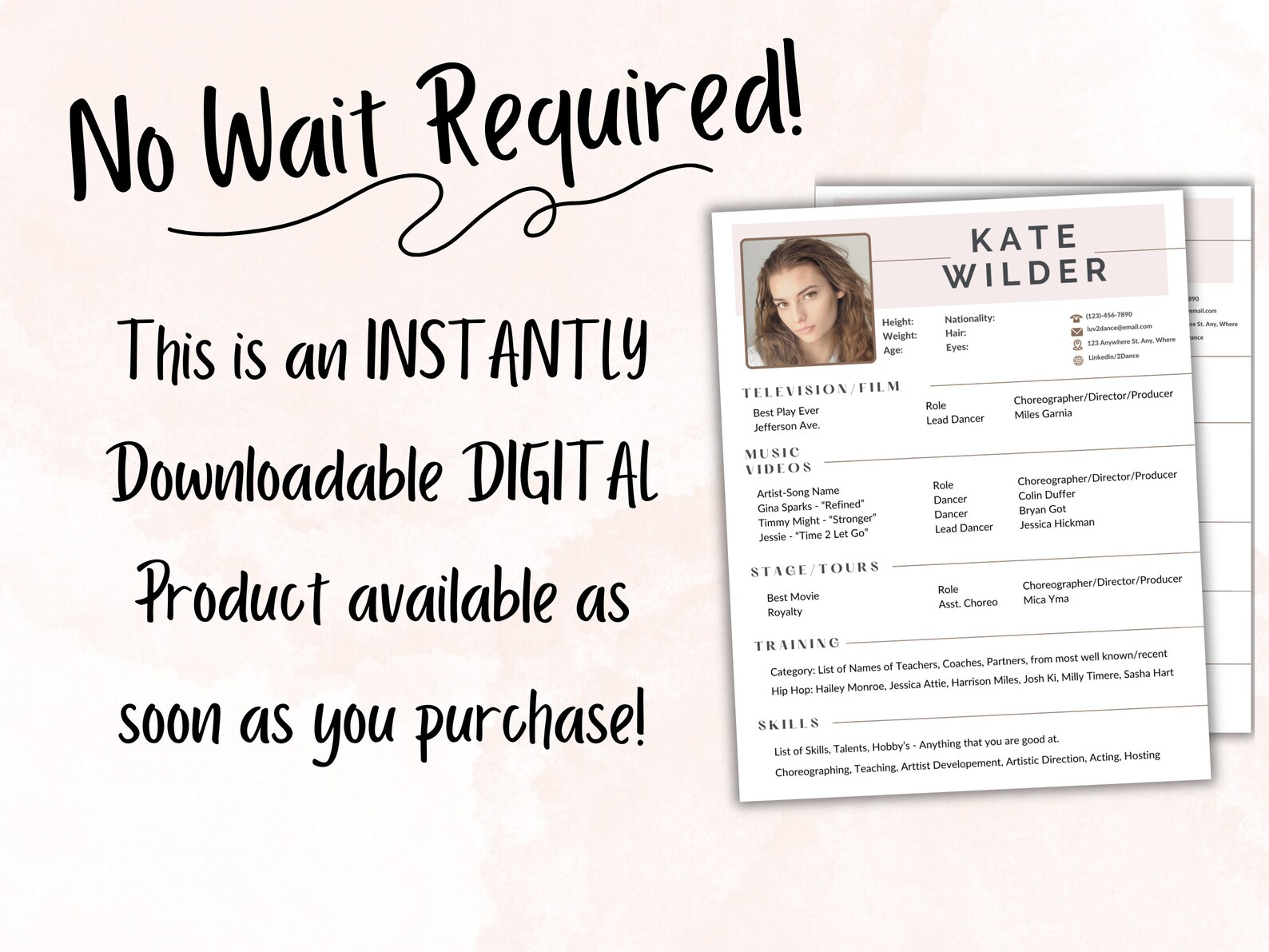 Professional Dancer Resume Template for Auditions Talent Agency ...