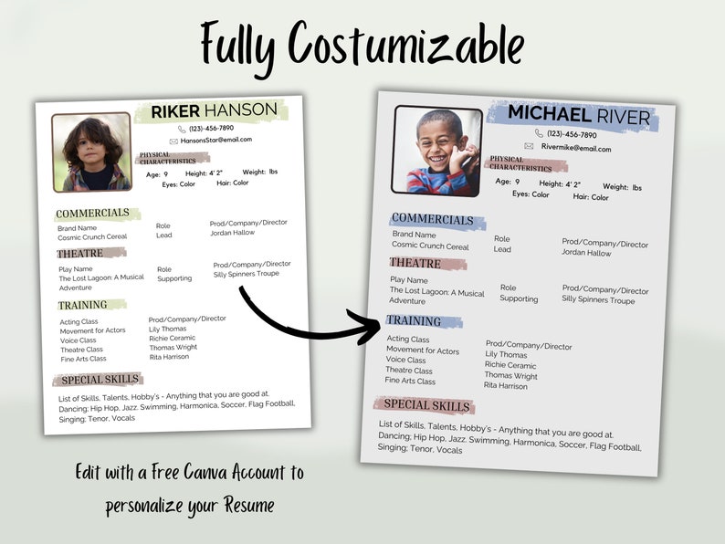 Child Actor Resume for Talent Agency Editable in Canva CV Professional ...