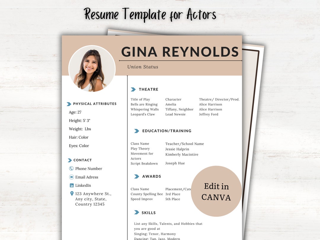 Professional Actor Resume Template for Auditions Editable in Canva CV ...