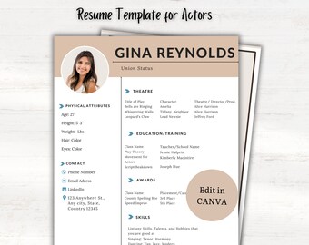 Actors Resume Template for Auditions Editable in Canva CV Professional ...