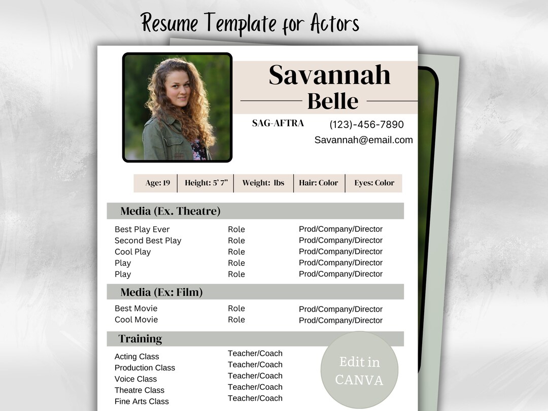 Actors Resume Template Auditions Editable in Canva CV Professional ...