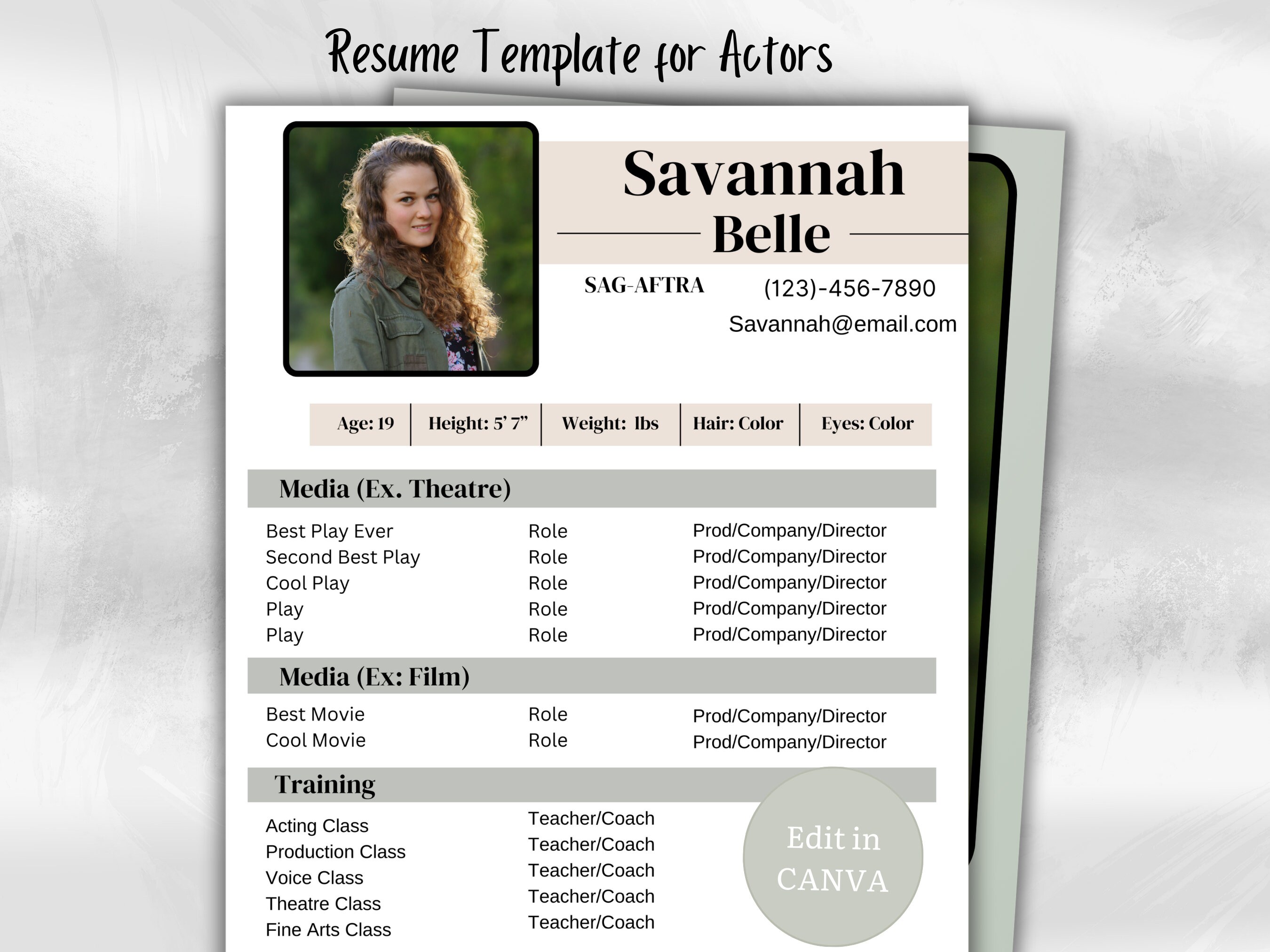Actors Resume Template Auditions Editable in Canva CV Professional ...