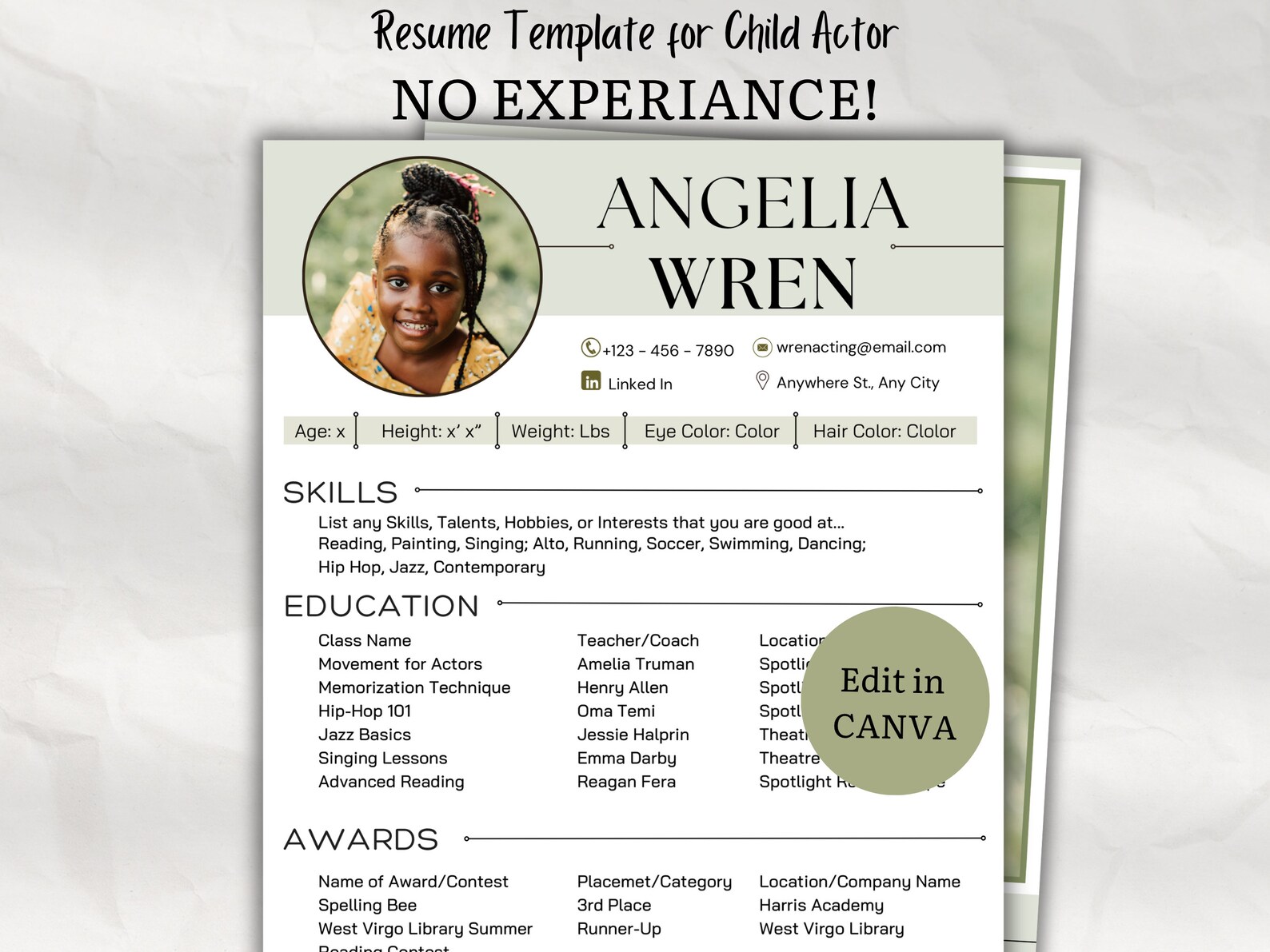 Child Actor Resume Template No Experience Editable Canva CV ...