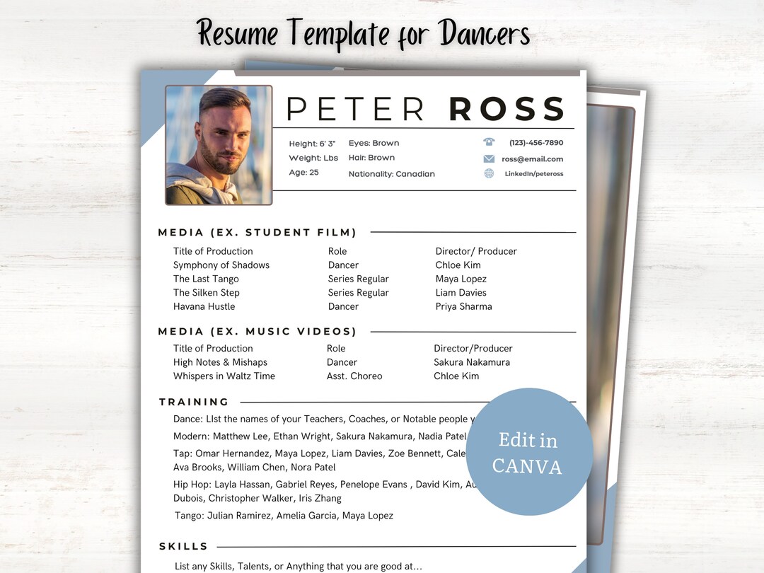 Resume Template for Dancers Auditions Editable in Canva CV Professional ...