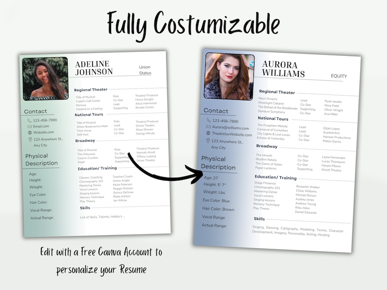 Musical Theatre Resume for Auditions Editable in Canva CV Professional ...