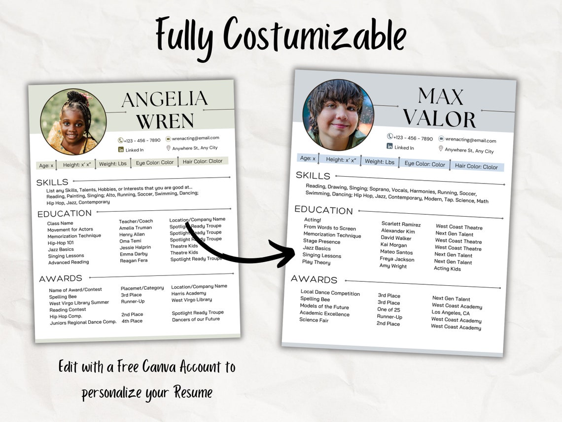 Child Actor Resume Template No Experience Editable Canva CV ...