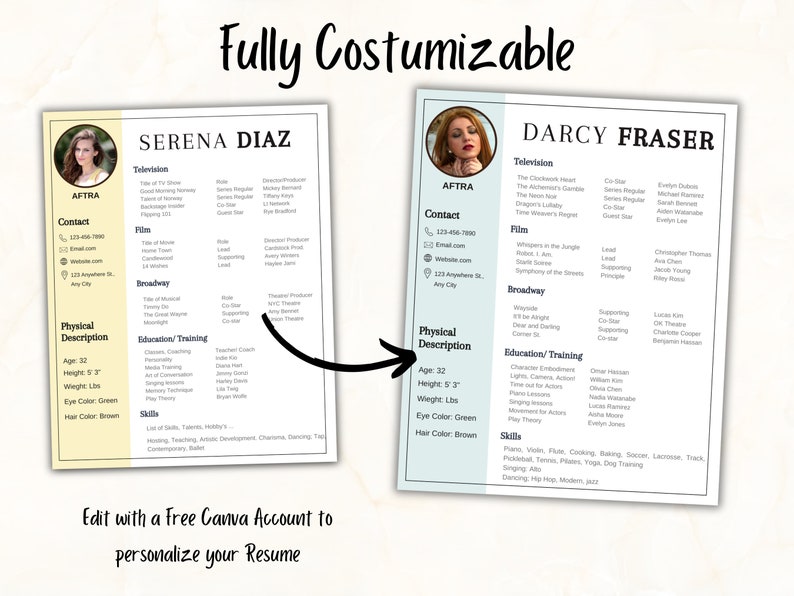 Actors Resume Template for Auditions Editable in Canva CV Professional ...