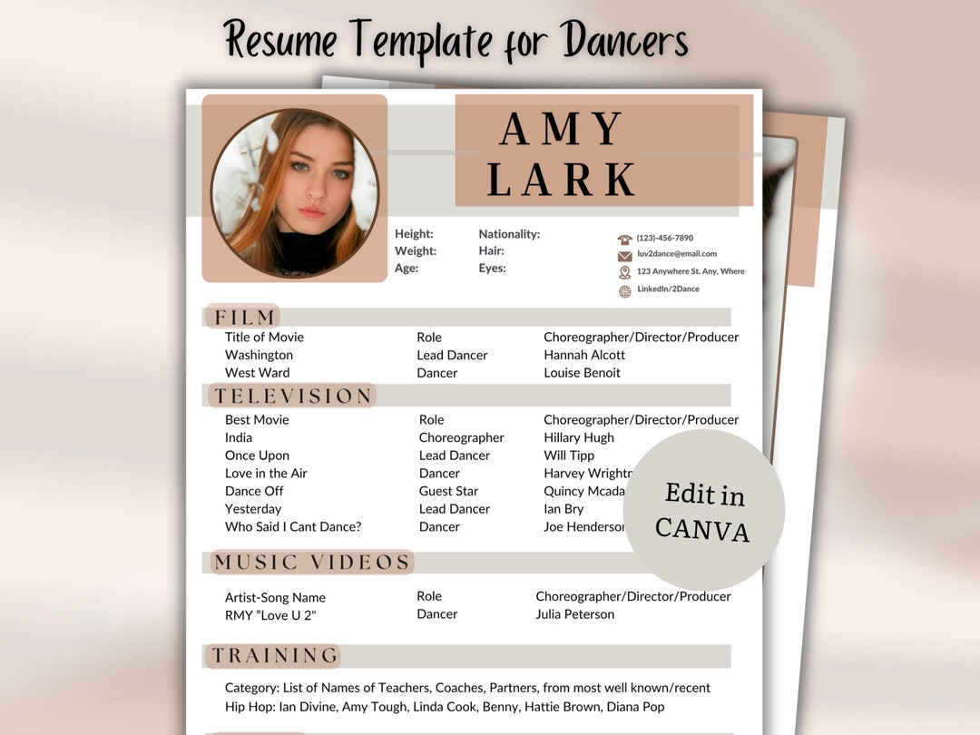 Dancer Resume Template for Auditions Editable in Canva CV Professional ...
