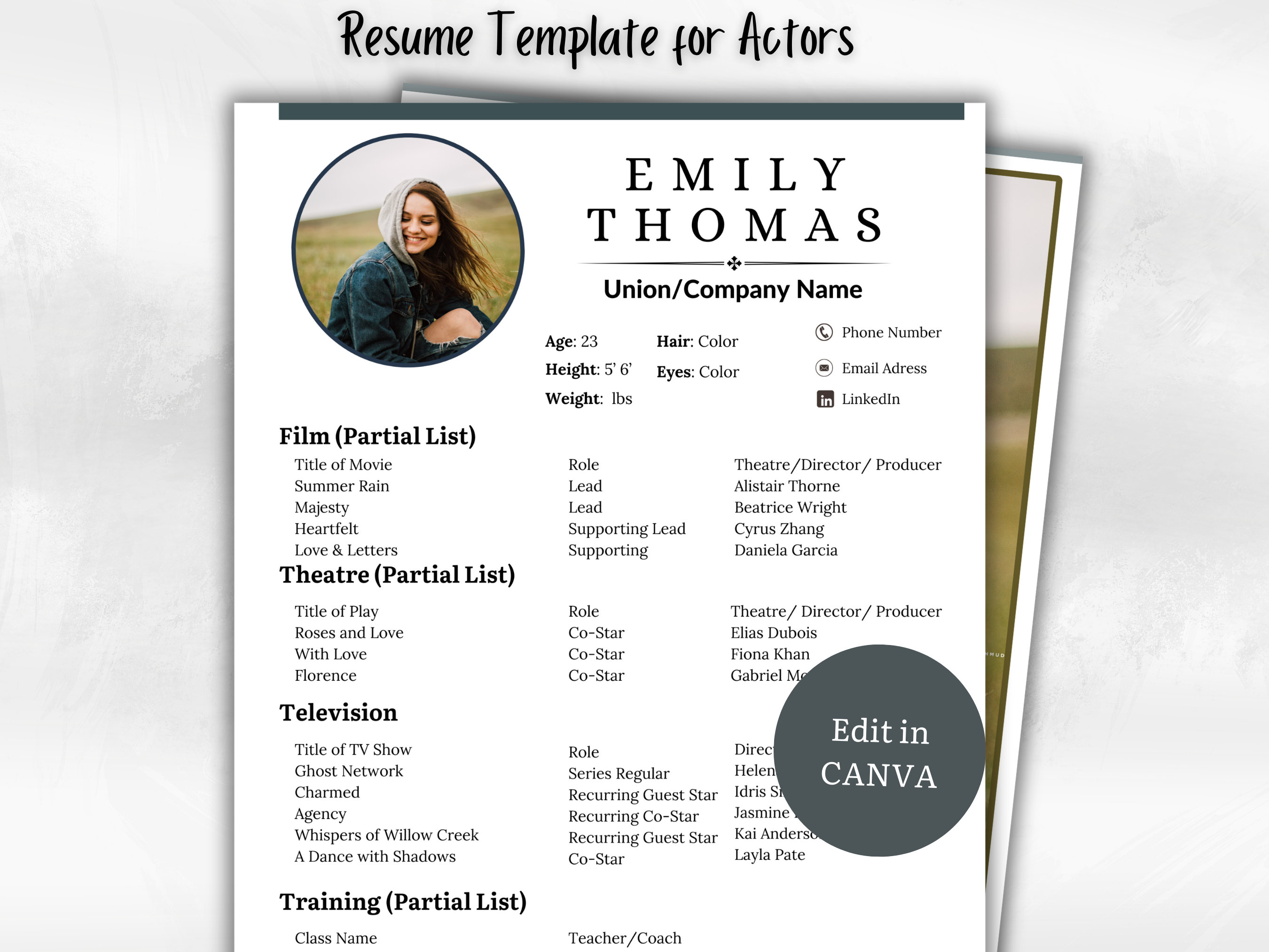 Professional Acting Resume Template Editable in Canva CV Digital Acting ...