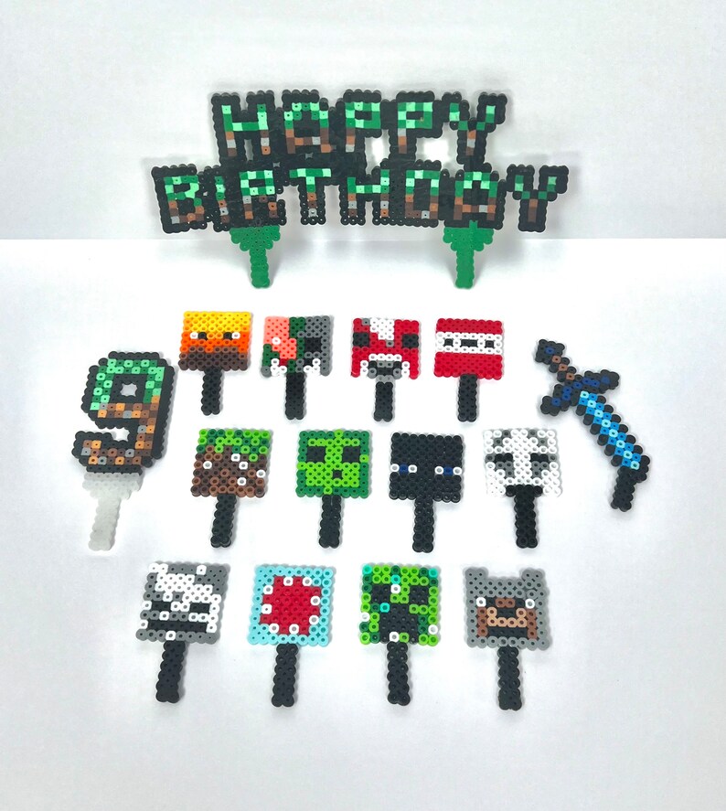 Minecraft Perler Bead Birthday Sign, Character and Number Cake Topper ...