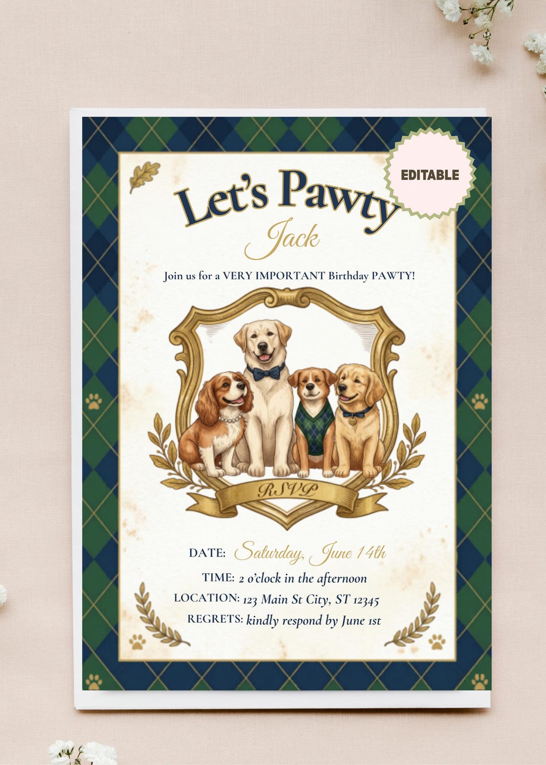 Preppy Dog Birthday Invitation | Editable Puppy Pawty Template (digital ...