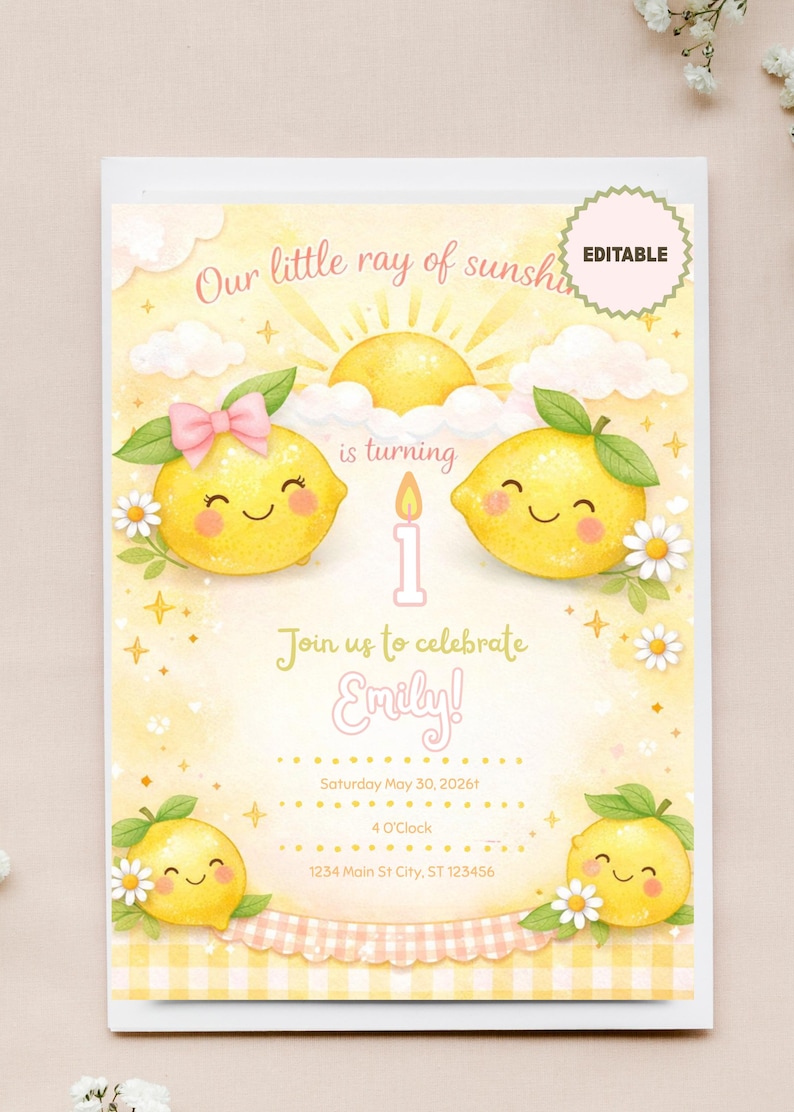 Little Lemon Birthday Invitation | Editable Sunshine Party Invite ...