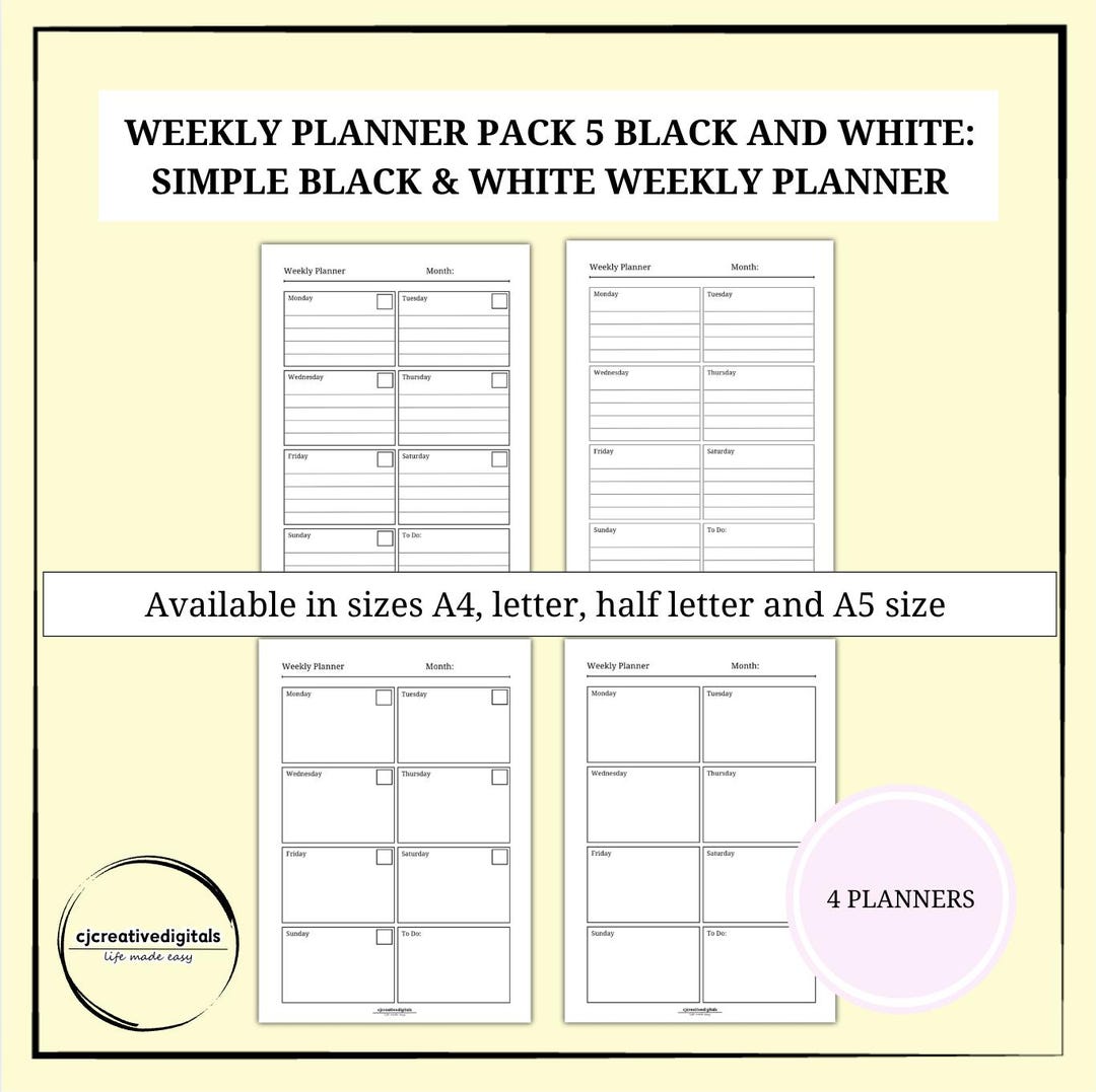 Weekly Planner Black and White: Simple Black and White Weekly Planner ...