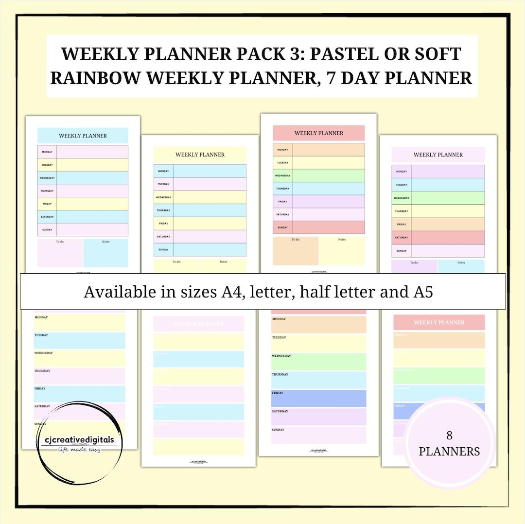 Weekly Planner Pack 3: Soft Pastel Rainbow Weekly Planner | Perfect for ...