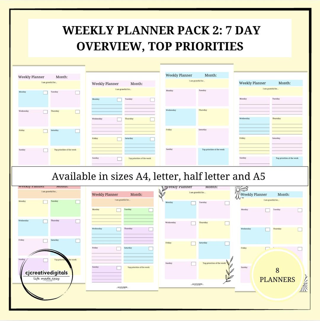 Weekly Planner Printable: 7-day Overview, Top Priorities (digital ...