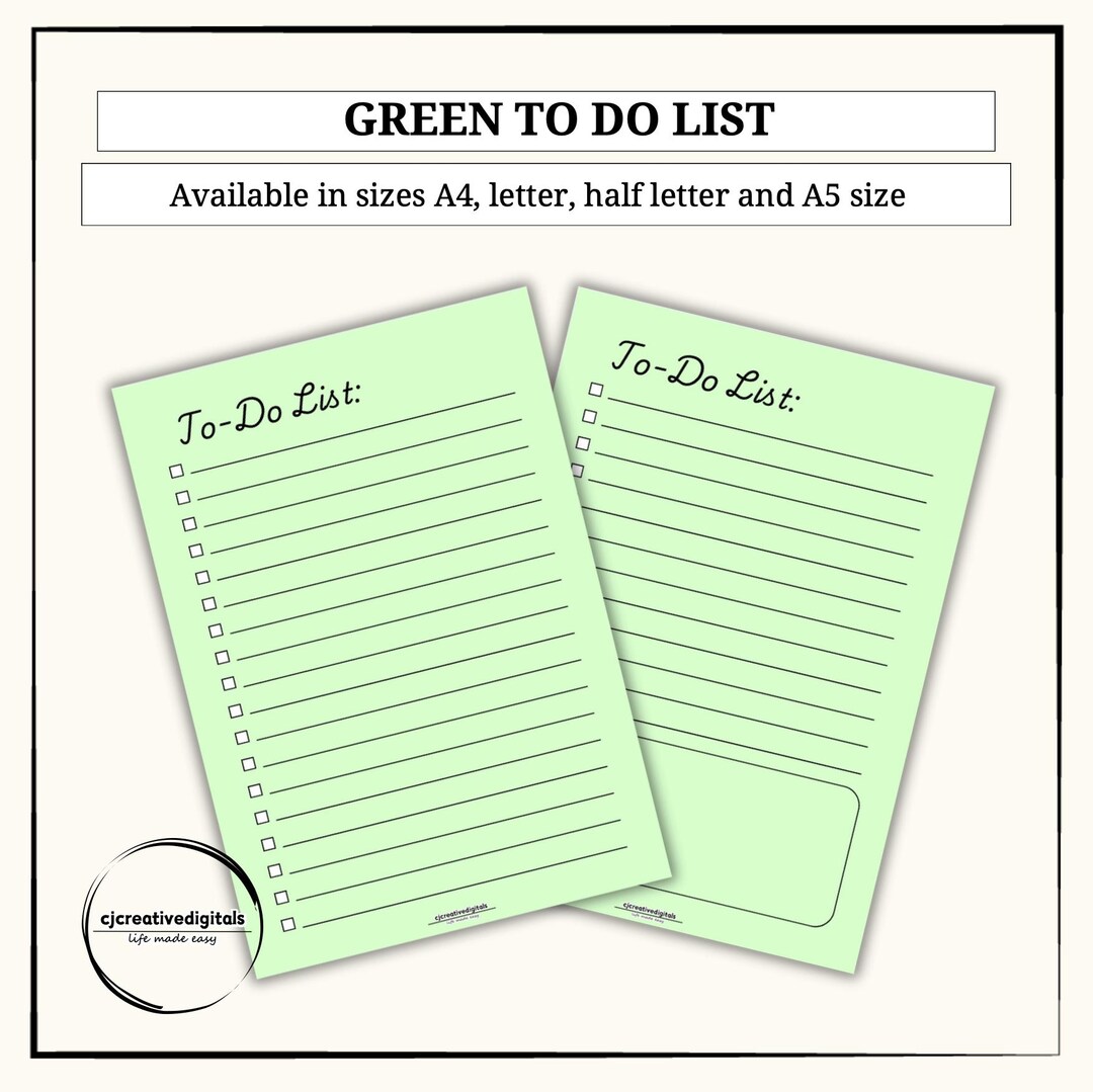 Green To-do List Printable: Daily Task Planner (A4, A5, Letter, Half ...