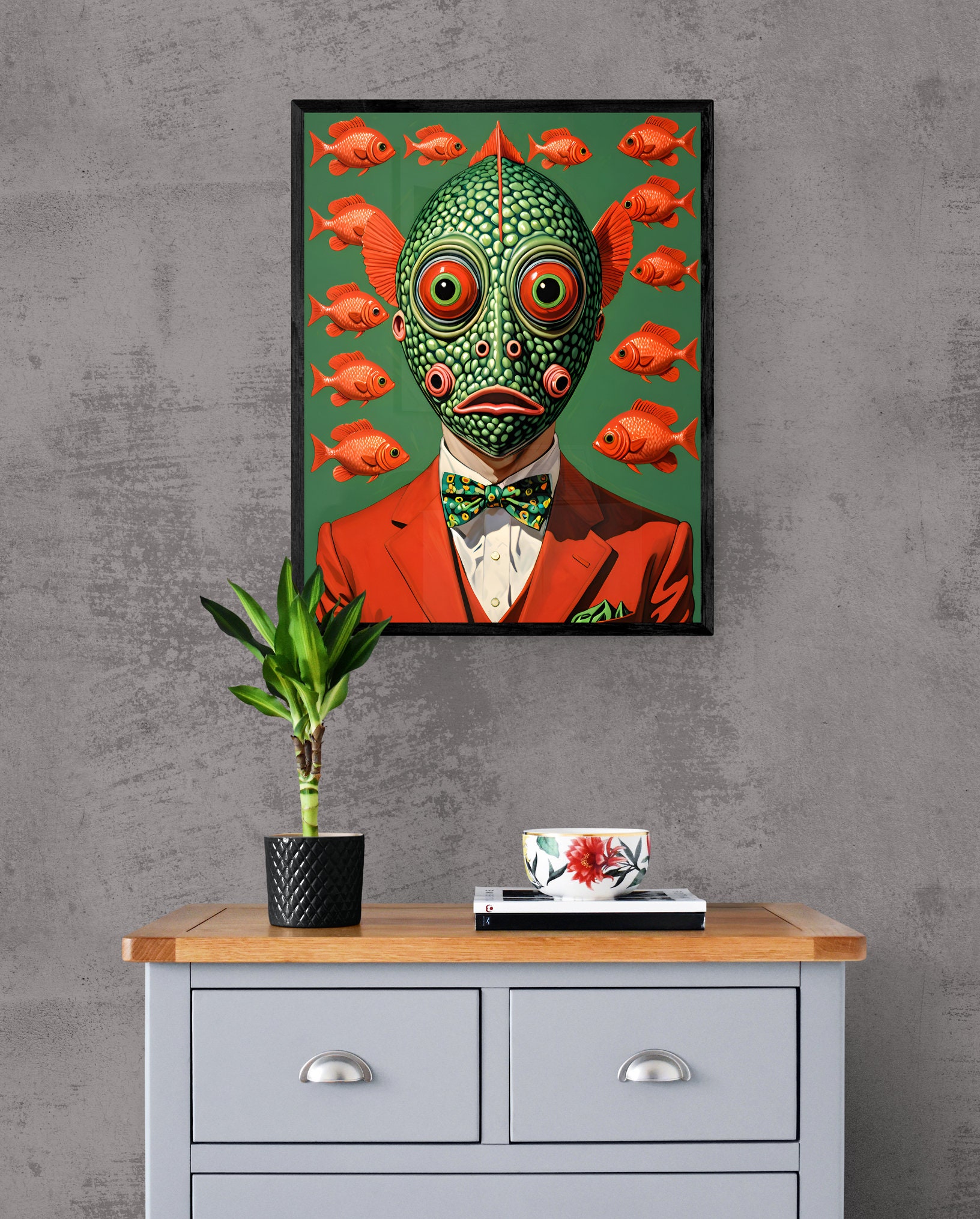 Red and Green Anthropomorphic Fish Portrait Print Pop Art Animal Hybrid ...