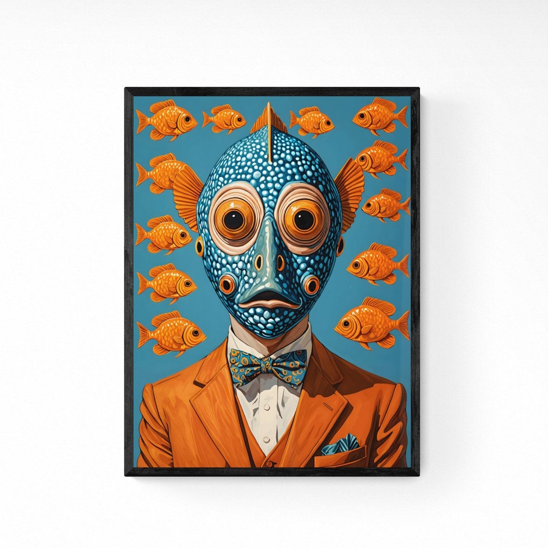 Blue Fish-man Portrait Print Anthropomorphic Painting Surrealism ...