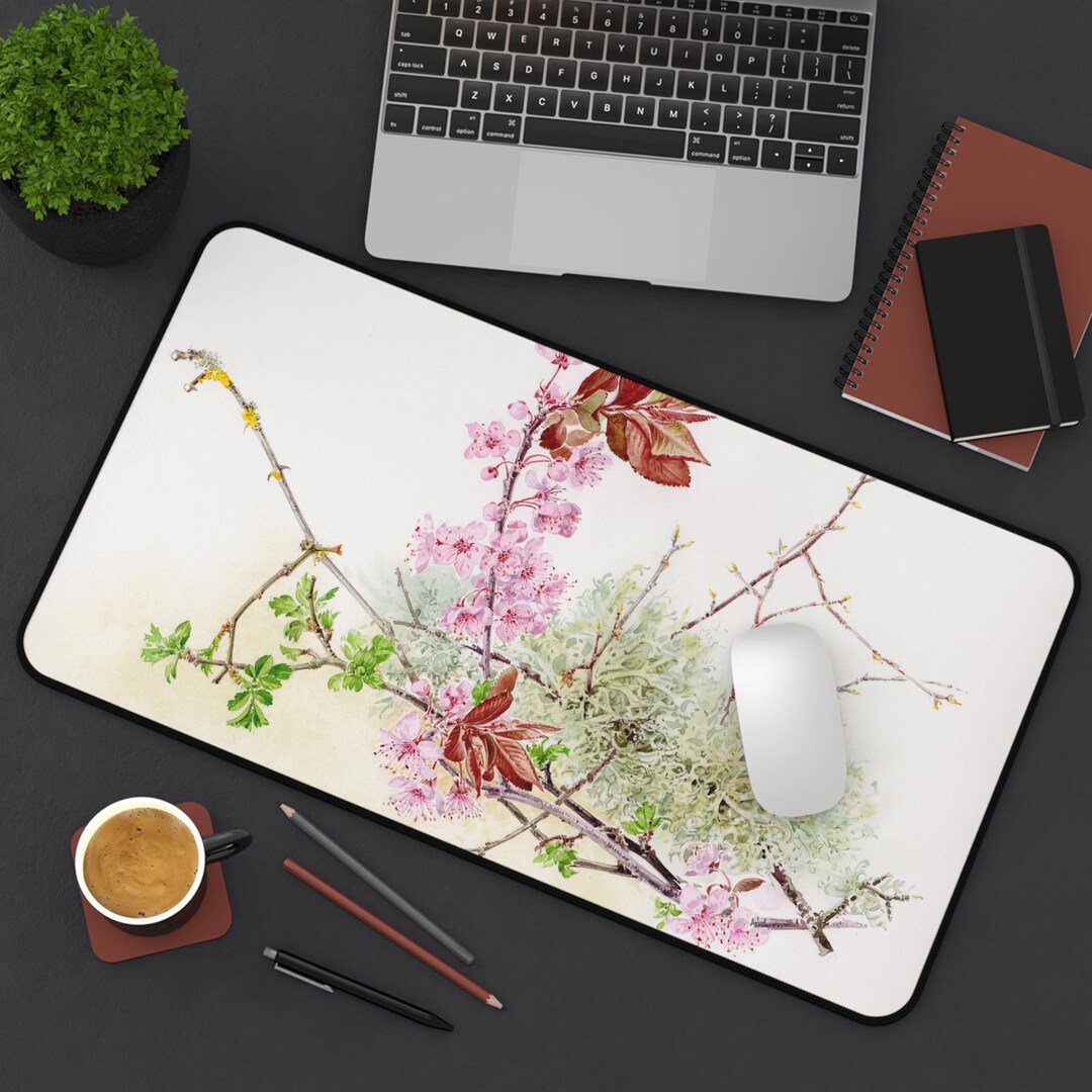 Cherry Blossom and Lichen Illustration Desk Mat, Botanical Pad Mouse ...