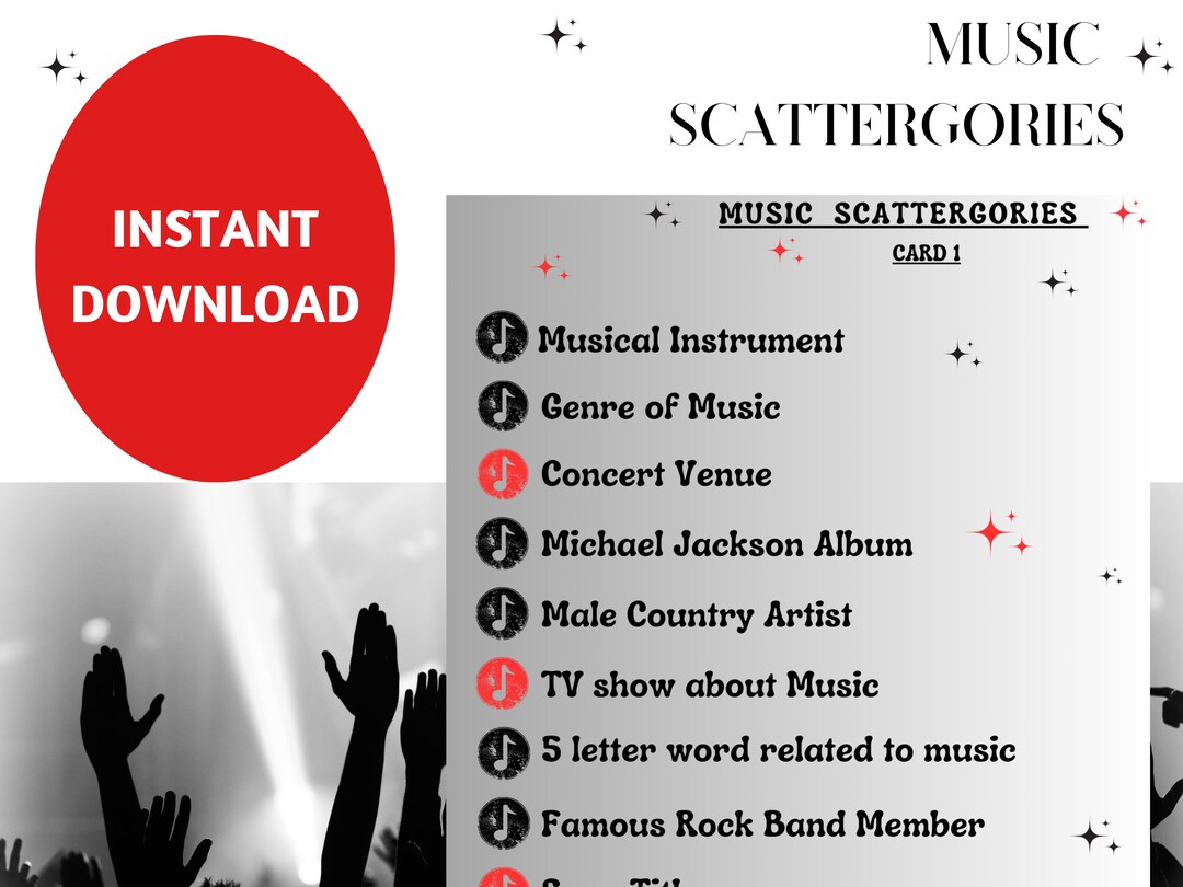 Music Scattergories Game, 10 Lists, Music Game, Great for Parties and ...