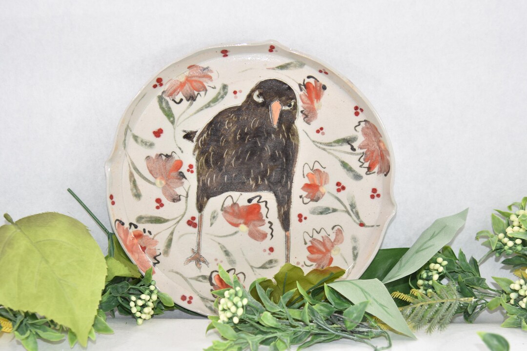 9" Dinner Plate With Crow and Flower Design. - Etsy