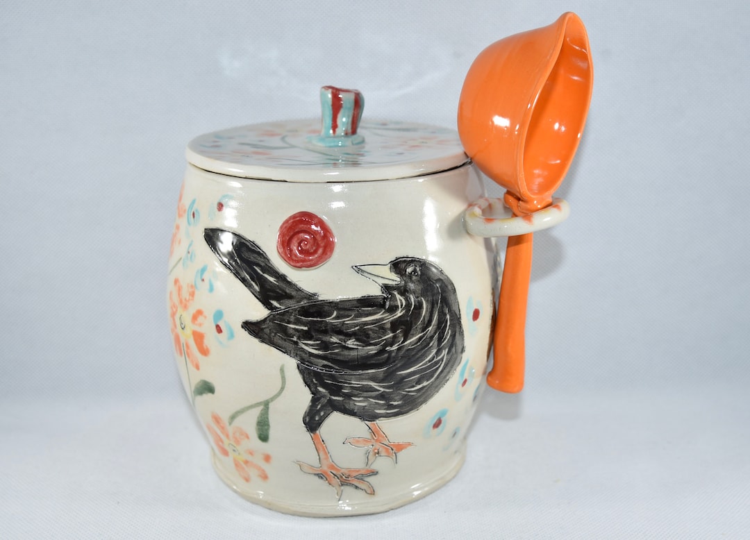 Kitchen Canister With Crow. Bird Lover Handmade Ceramic Jars for Flour ...