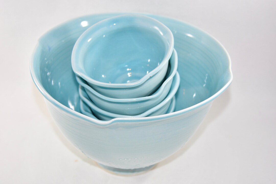 5 Piece Set: Celedon Blue Serving Bowl With 4 Personal Sized - Etsy