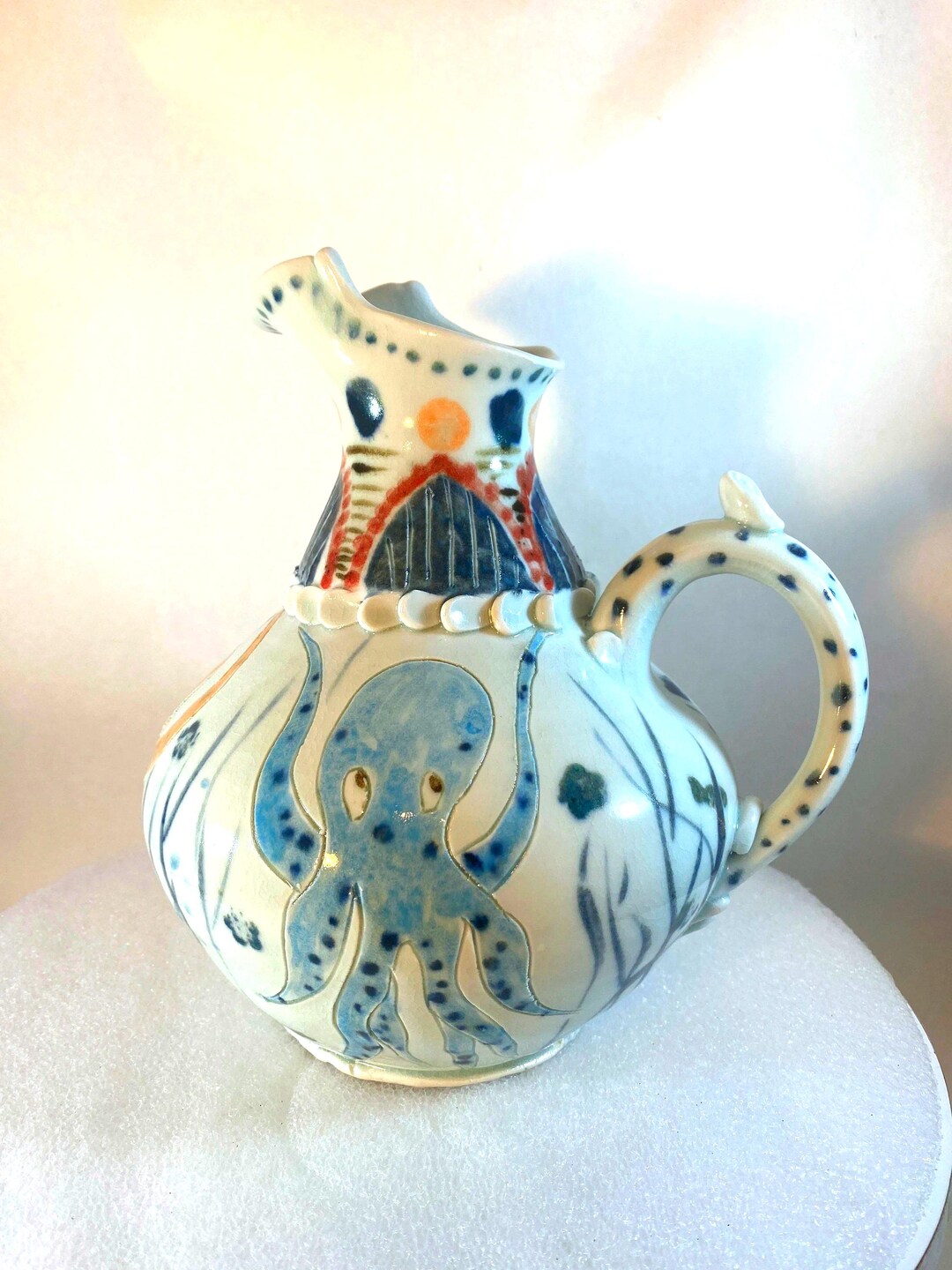 Large Ceramic Pitcher With Coastal Octopus Artwork - 60oz Handcrafted ...