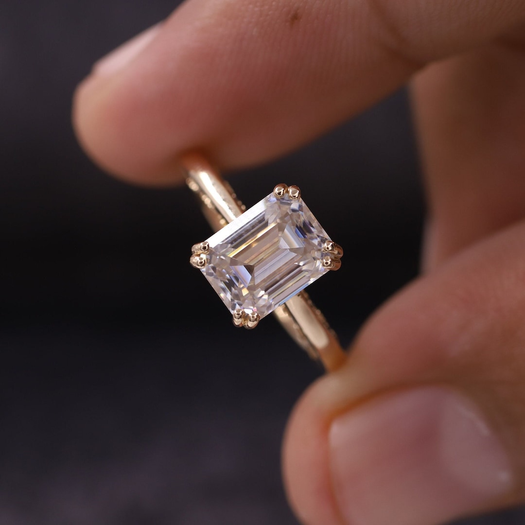 Emerald Cut Double Claw Prong Engagement Ring,emerald Cut Moissanite ...