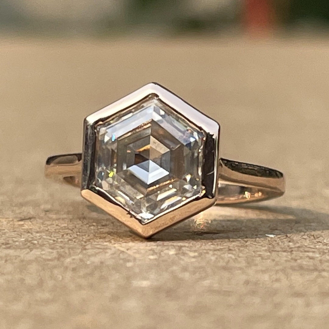 Bezel Set Hexagon Step Cut Moissanite Ring, Antique Moissanite ...