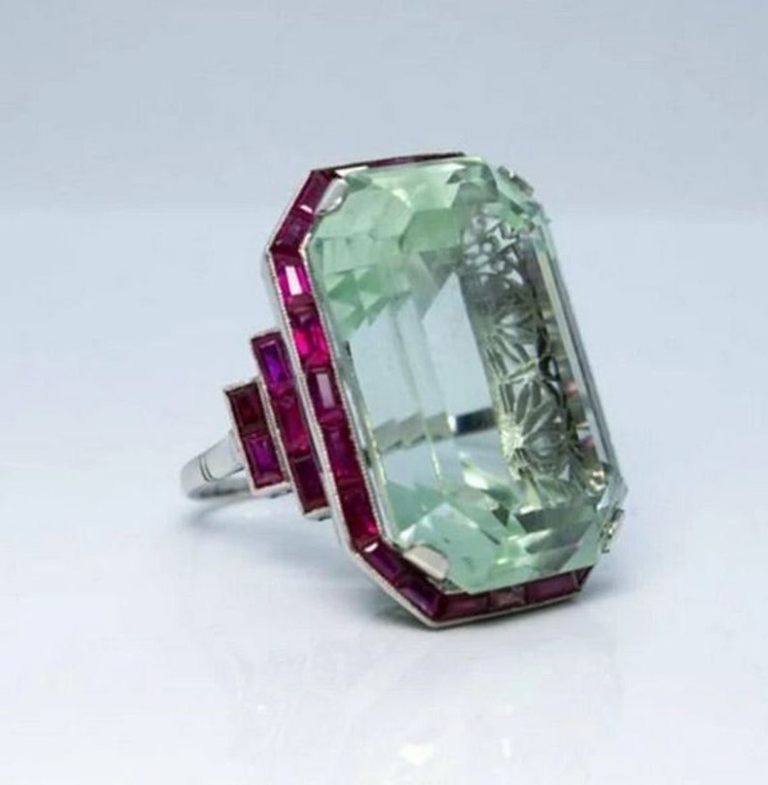 Cocktail Ring/ Big Green Emerald Cut Diamond Engagement Ring/ Ruby Halo ...