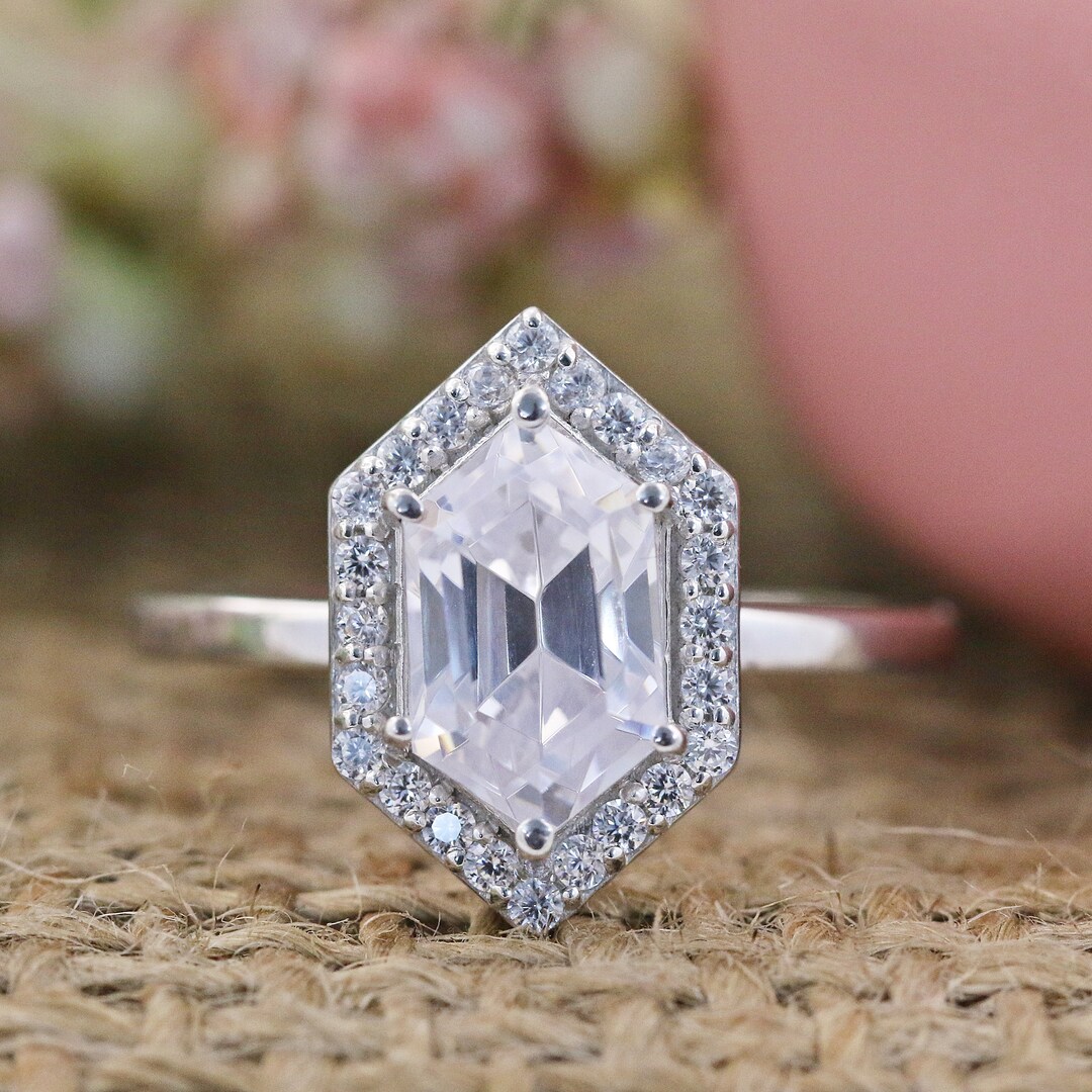 Hexagon Shape Diamond Engagement Ring, Halo Wedding Ring, Solitaire ...