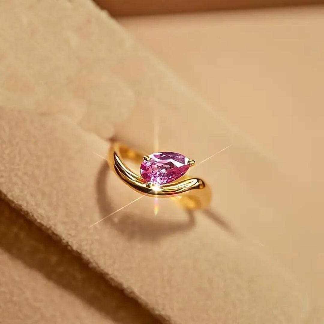 Floating Basket Pink Gemstone Ring, Pear Cut East to West Engagement ...