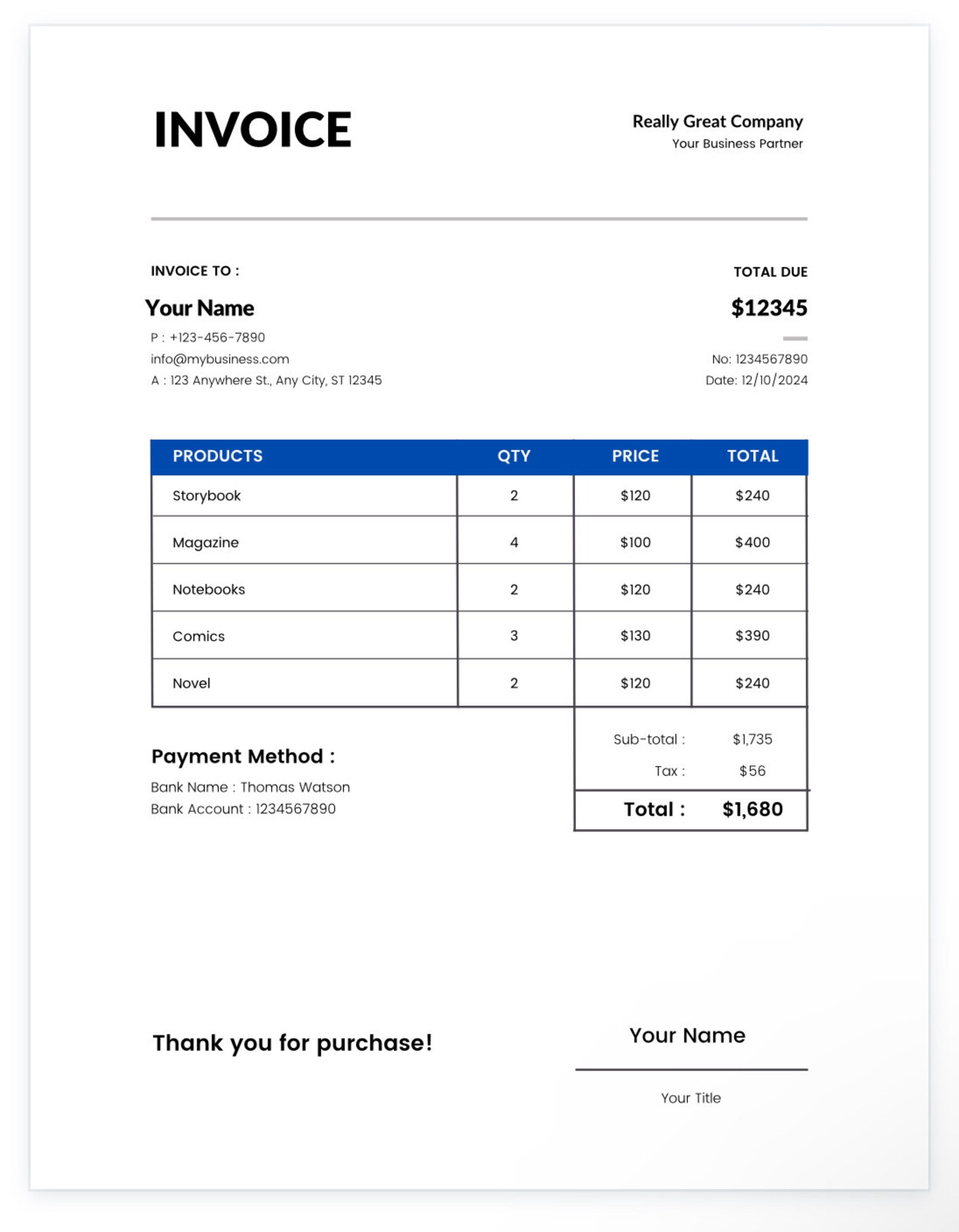 Business Invoice Editable PDF Template Fillable Printable Custom ...