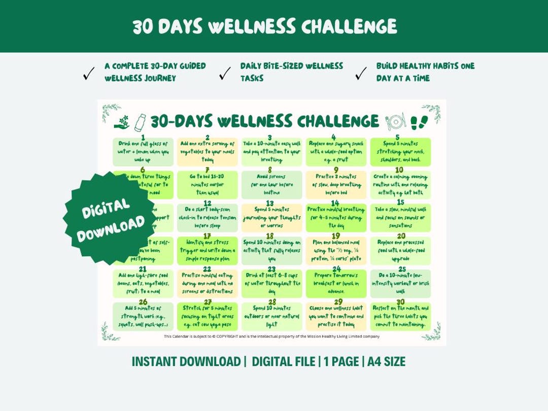 30-day Wellness Challenge Calendar | Healthy Habits, Self-care (A4 ...