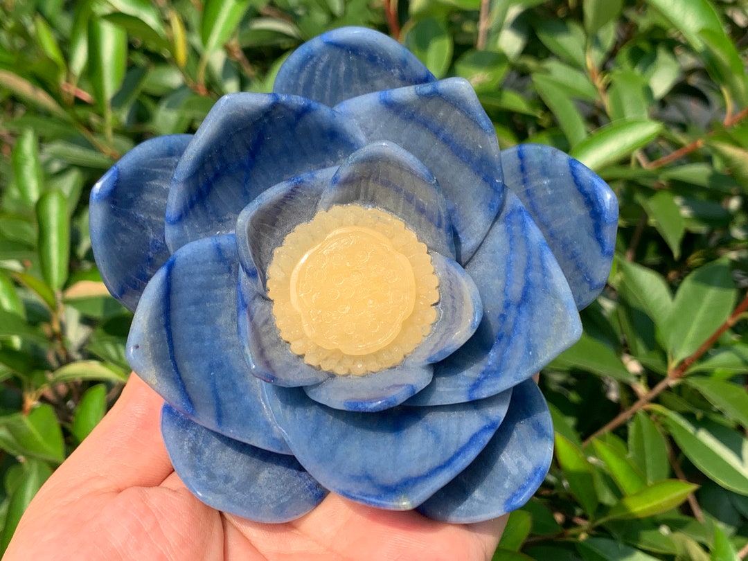 Blue Aventurine Quartz Crystal Lotus: Hand Carved Stone Decor (6.2 ...